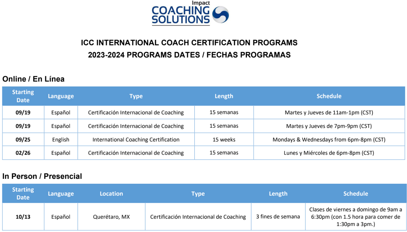 Locations and Dates - Impact Coaching Solutions