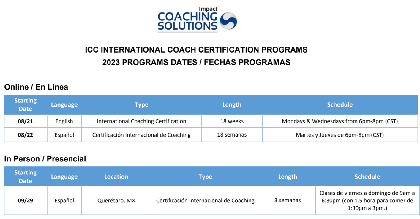 Locations and Dates - Impact Coaching Solutions